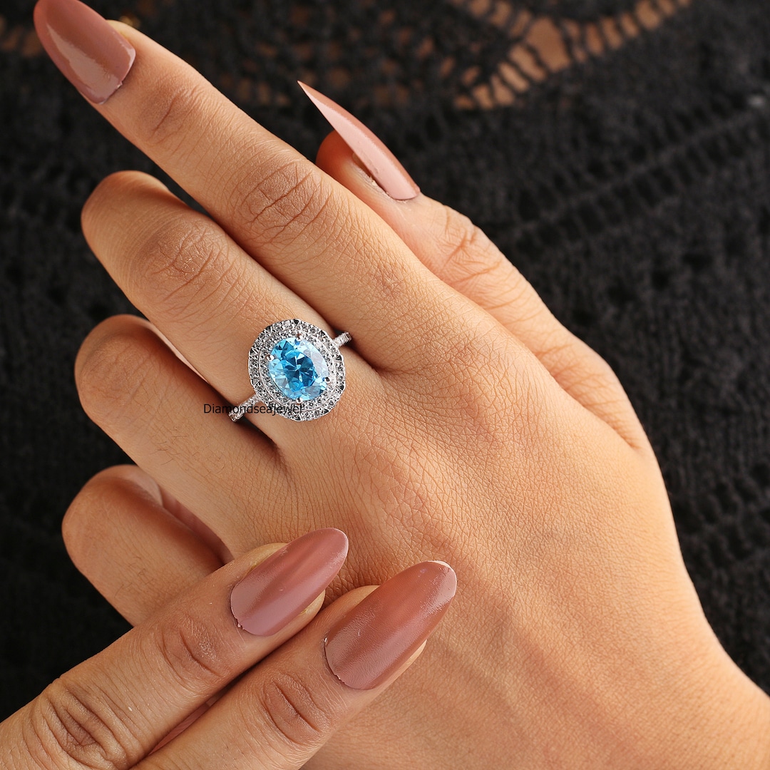 Aqua Blue Ring, 3.00 CT Blue Oval Cut Moissanite Engagement Ring ...