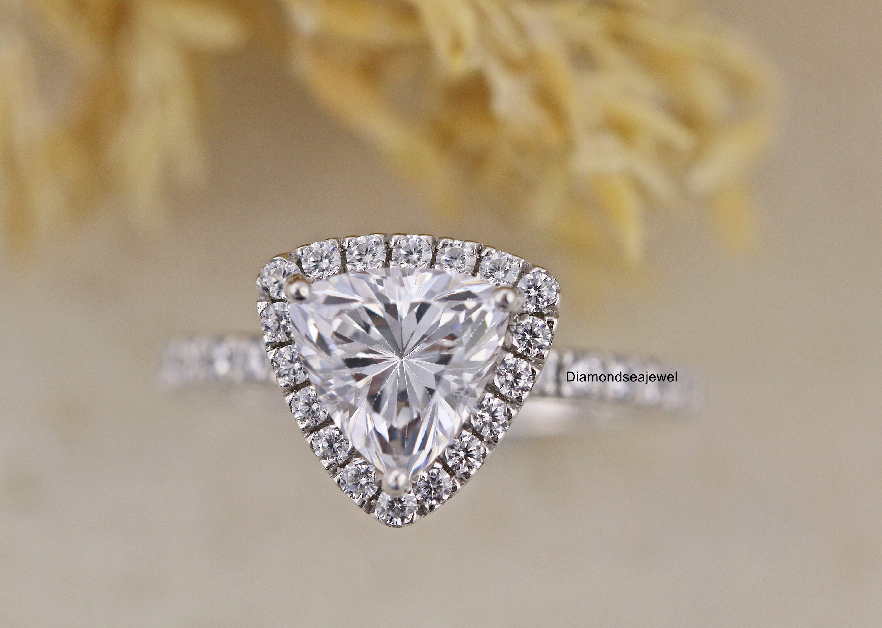 Trilliant Cut Diamond Engagement Ring Halo Ring. Solitaire - Etsy