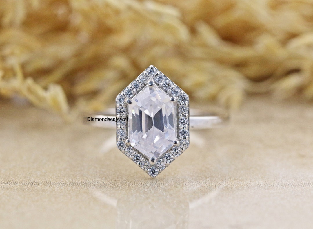 Hexagon Cut Diamond Engagement Ring Solitaire Ring Halo - Etsy