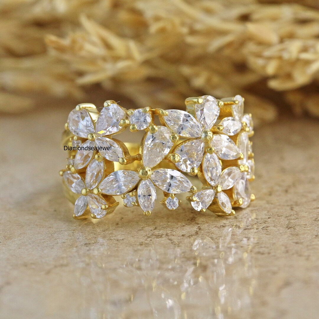 Flower Style Ring, Multi Stone Ring, Marquise & Pear Cut Colorless ...