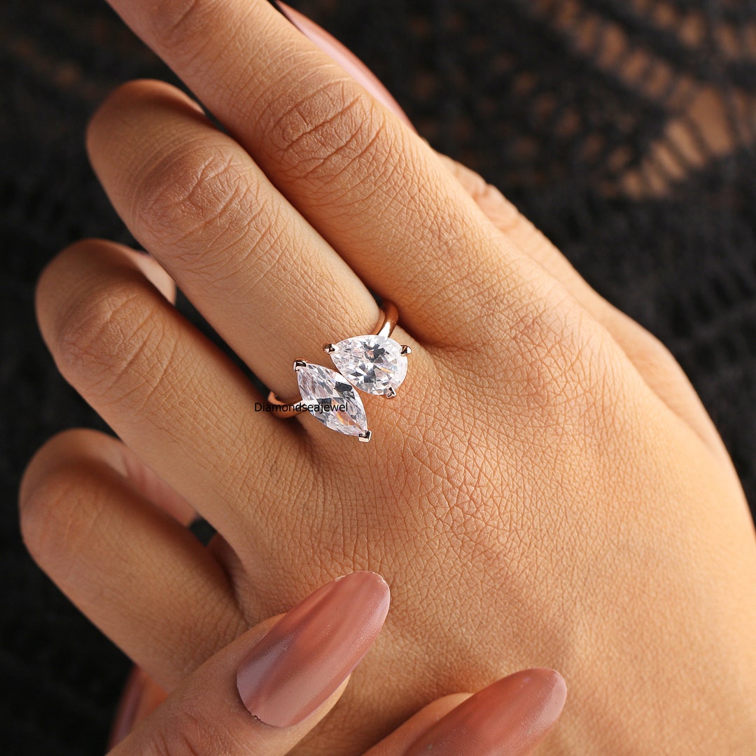 Two-stone Engagement Ring, Pear & Marquise Cut Colorless Moissanite ...