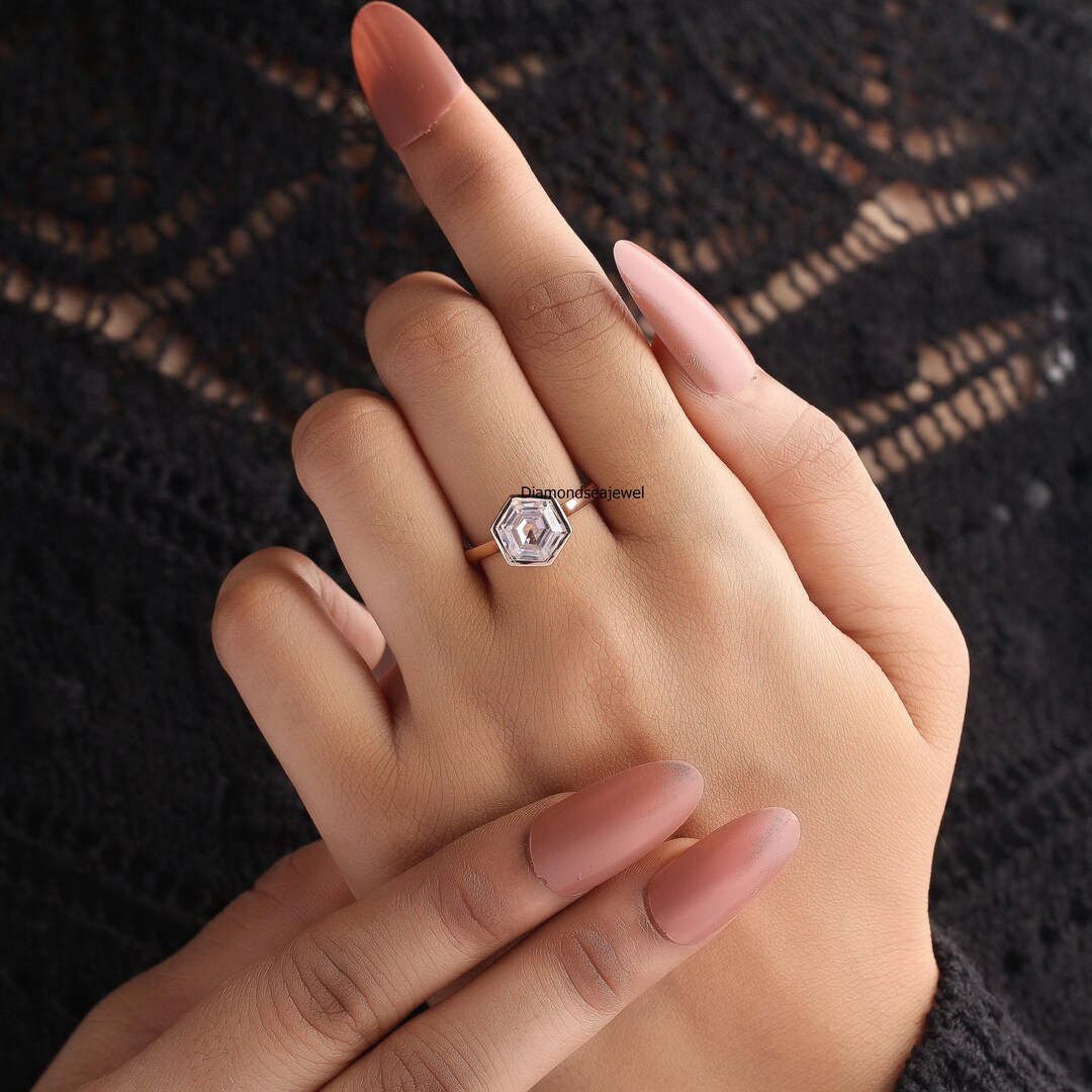 Hexagon Shape Ring, Bezel Set Ring, Solitaire Ring, Engagement Ring ...