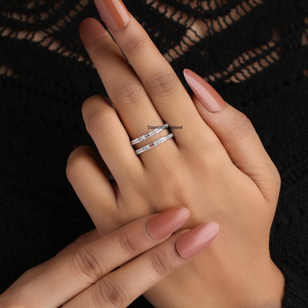 Double Decker Band, Round & Baguette Cut Colorless Moissanite ...