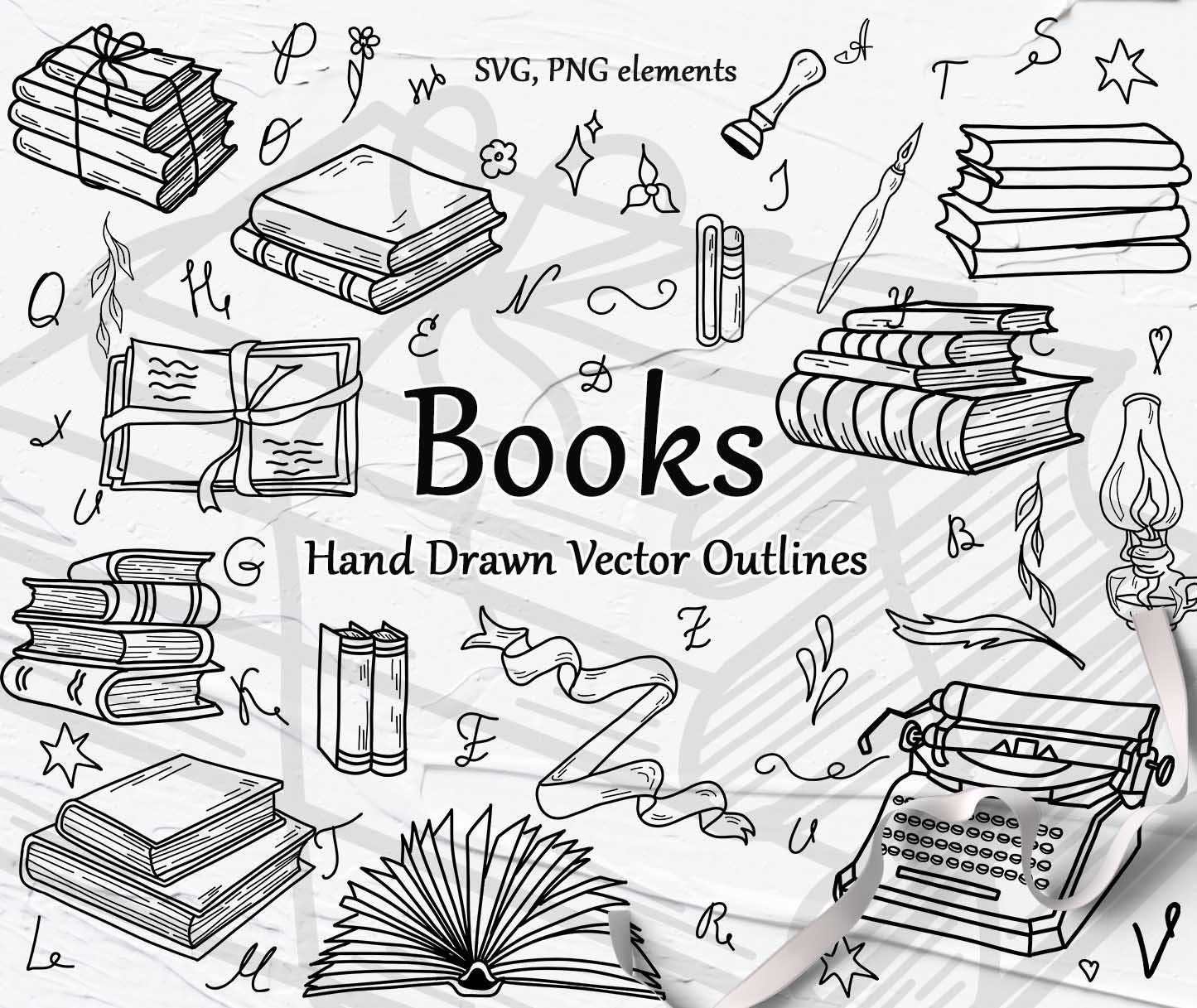 Books SVG Clipart. Vector Books Clip Art, Vintage Library, Hand-drawn ...