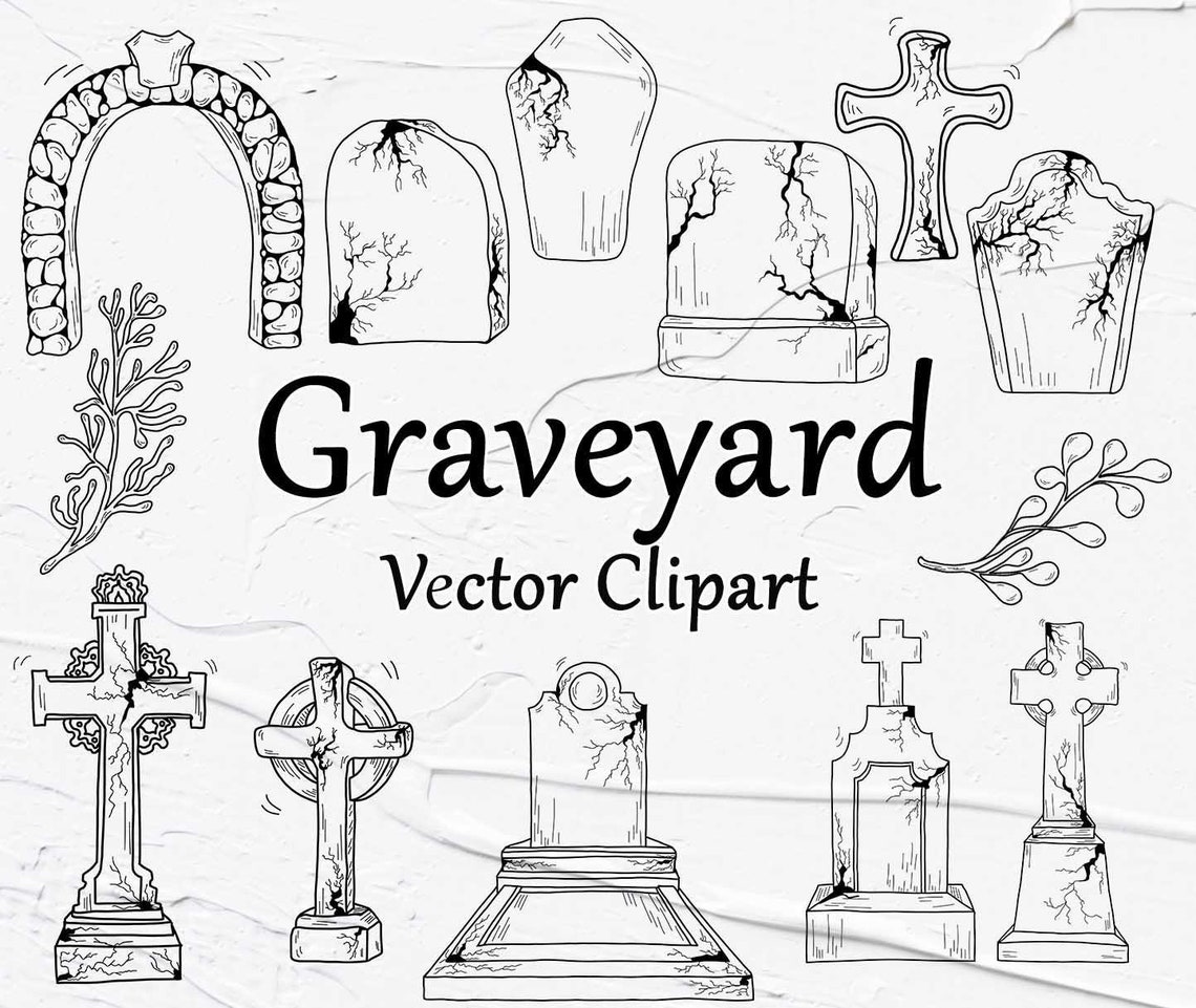 Graveyard SVG Clipart. Vector Tombstones Clipart. Halloween Lineart ...