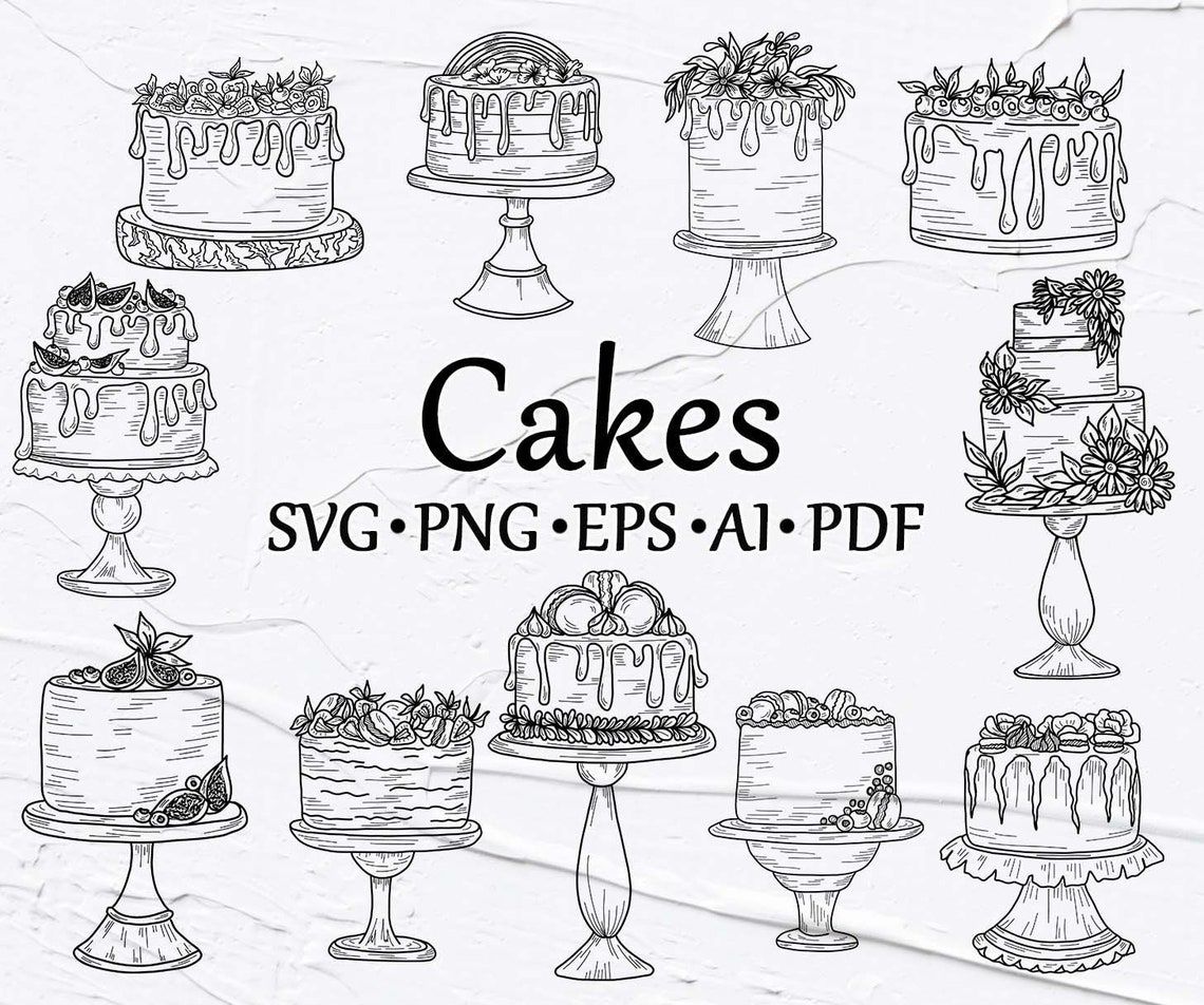 Cakes Svg Clipart, Outline Desserts Svg. Baking SVG Clipart. Vector ...