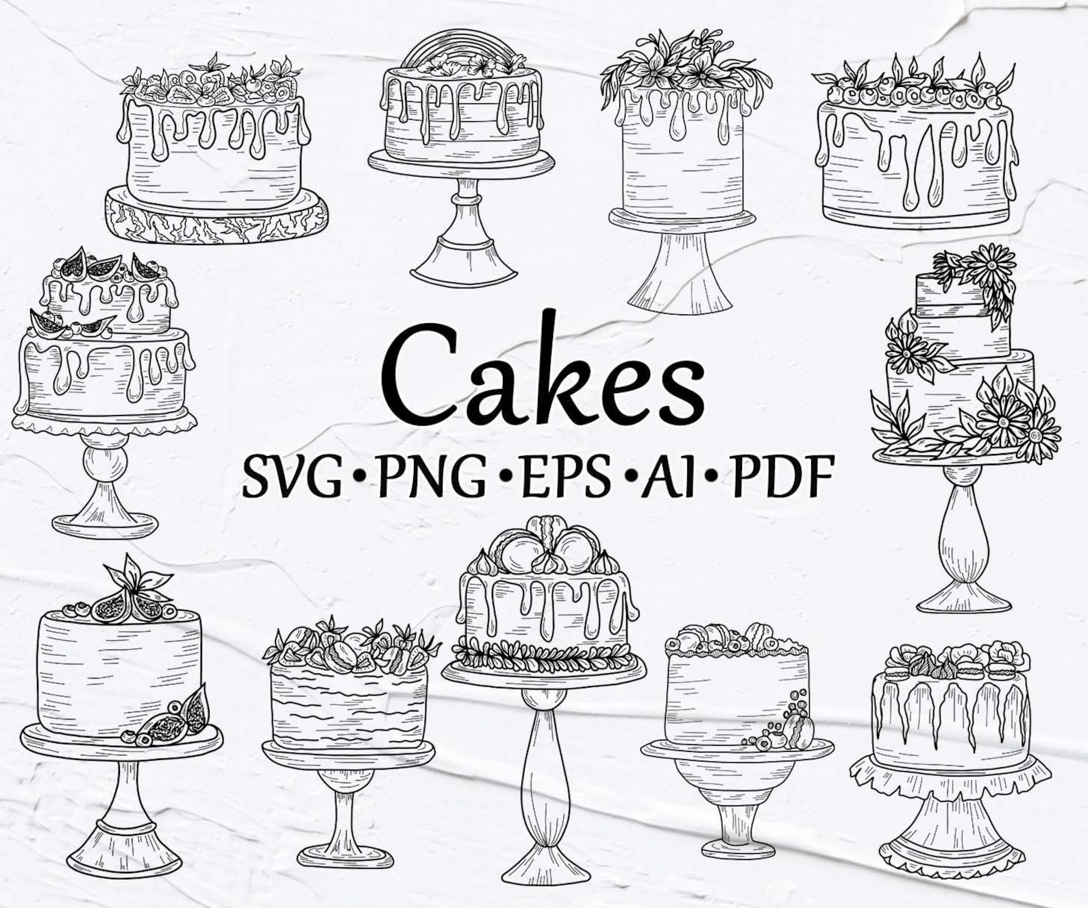 Cakes Svg Clipart, Outline Desserts Svg. Baking SVG Clipart. Vector ...