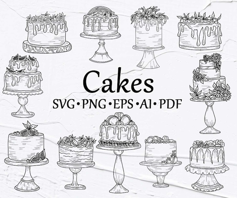 Cakes Svg Clipart, Outline Desserts Svg. Baking SVG Clipart. Vector ...