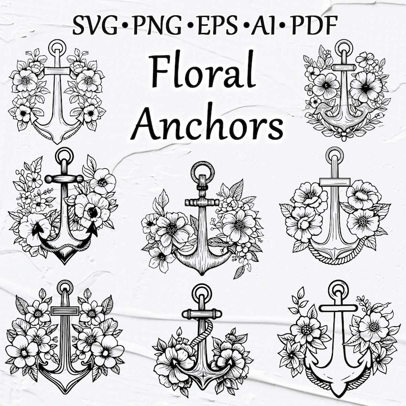 Floral Anchor Clipart. Nautical SVG Clipart, Vector Marine Clipart ...