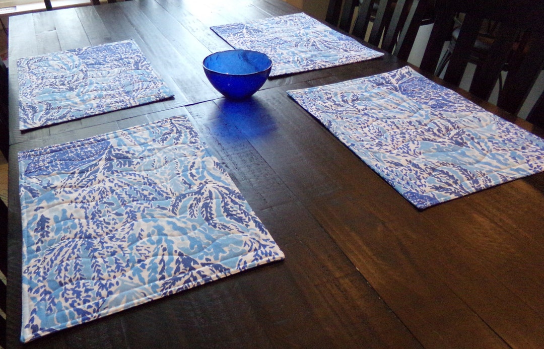 Lilly Pulitzer Placemats Let's Cha Cha Blue Fabric Handmade Quilted ...