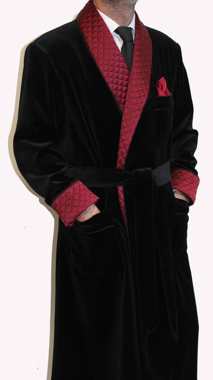 Men's Smoking Robe Black Velvet Gown Vintage Gentleman's Quilted Robe ...