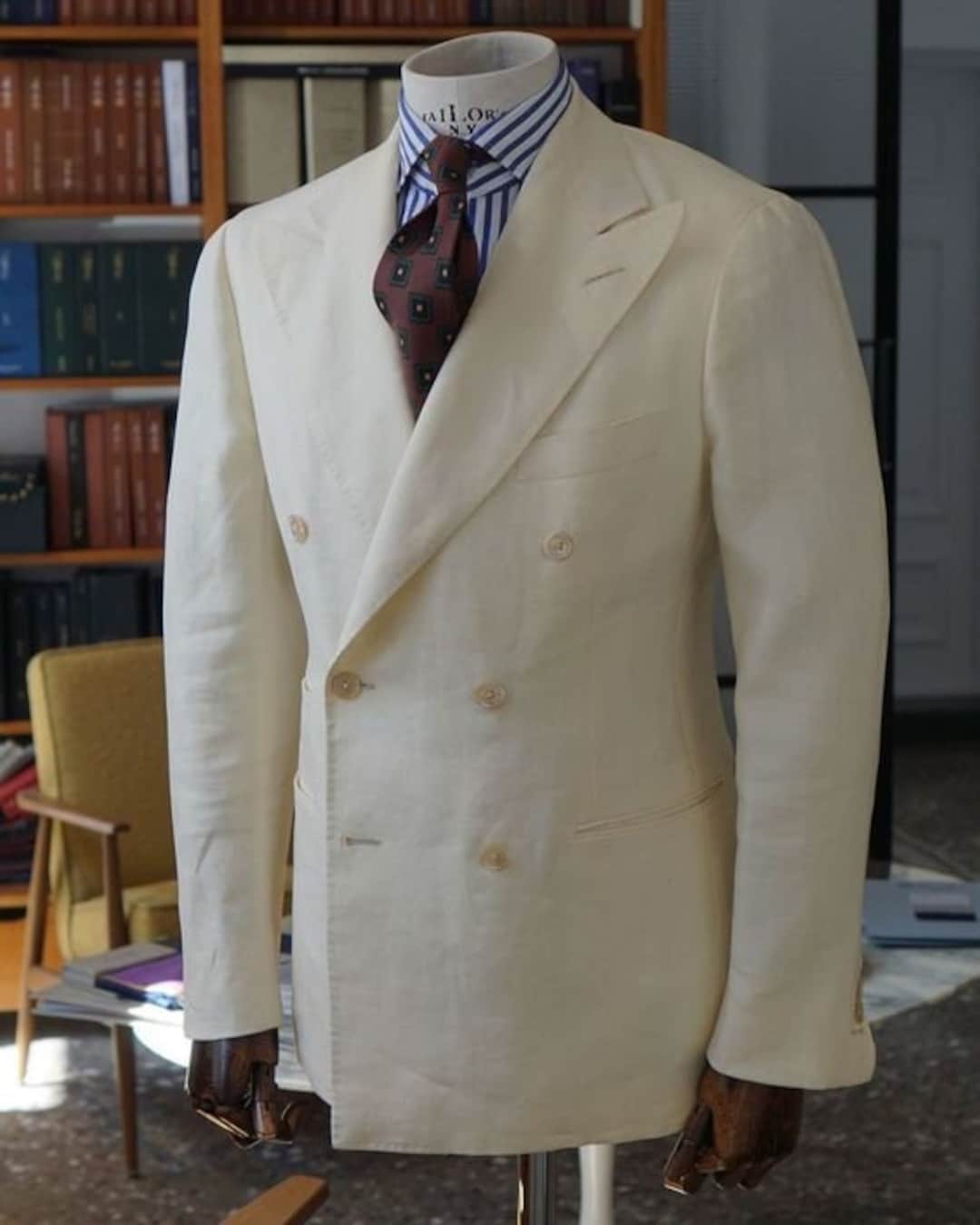 Men's Summer Linen Double Breasted Blazer Peak Lapel 6 Buttons Premium ...