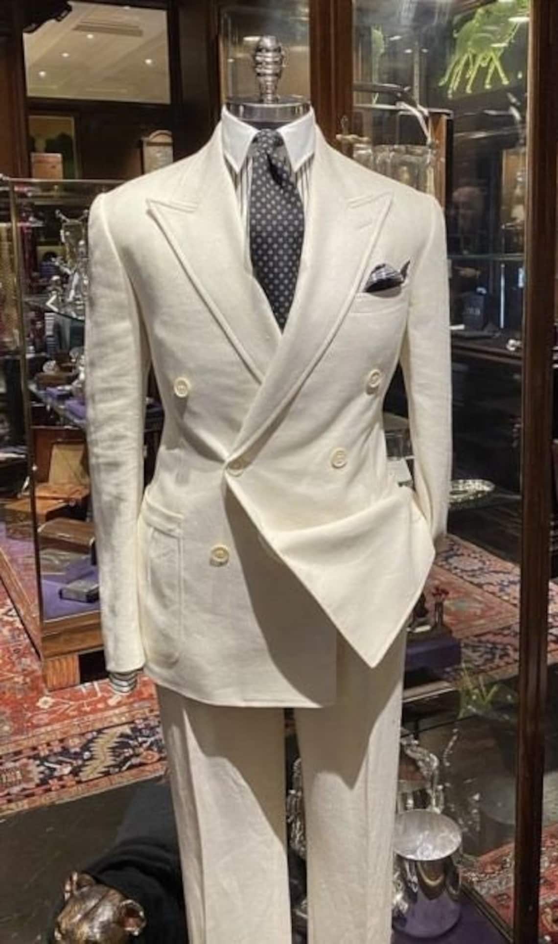 Men's Ivory White Linen Double Breasted Two Piece Suit Peak Lapel for ...