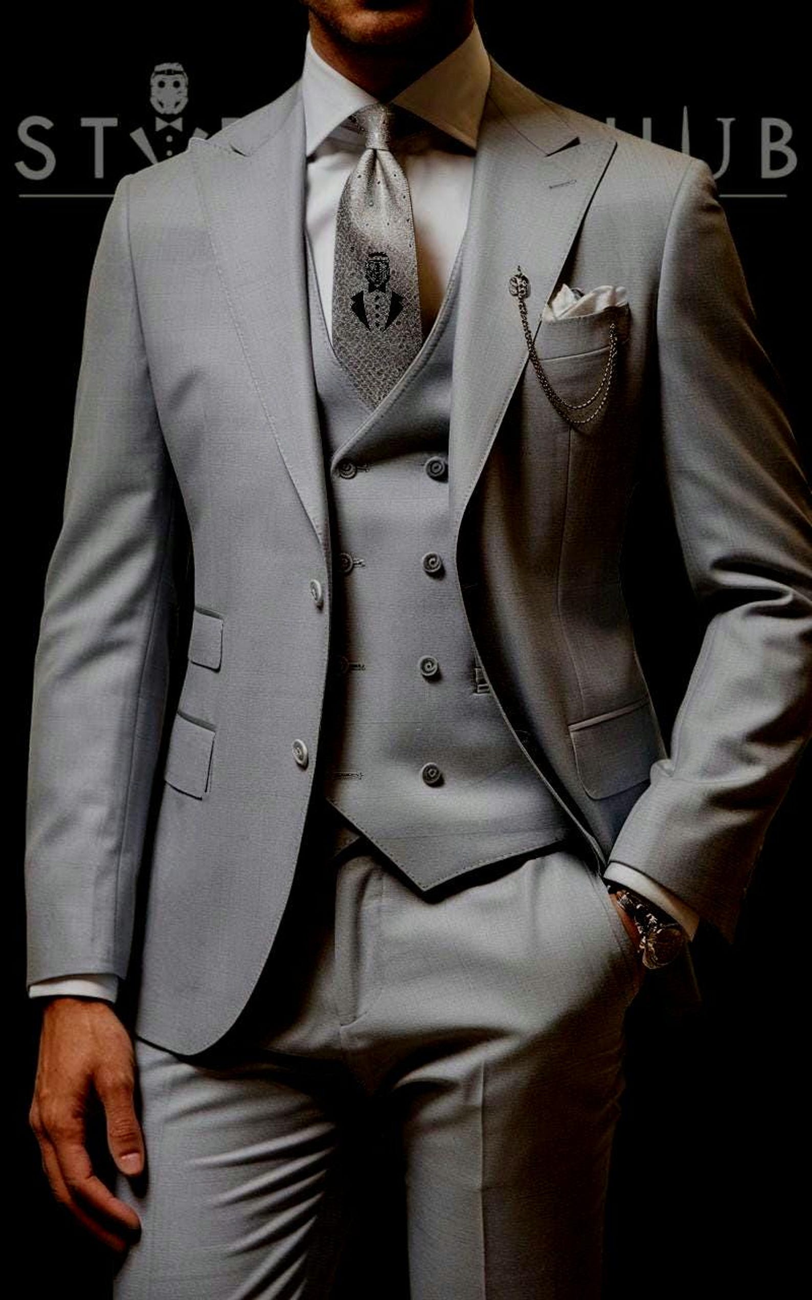 Grey Peak Lapel Suit: Men's 3-piece Double Breasted Vest Wedding Suit ...