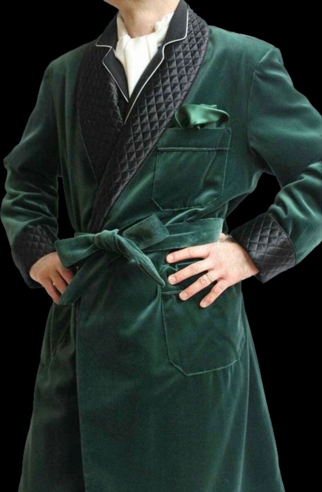 Men's Smoking Robe Green Velvet Gown Luxury Vintage Gentleman's Quilted ...