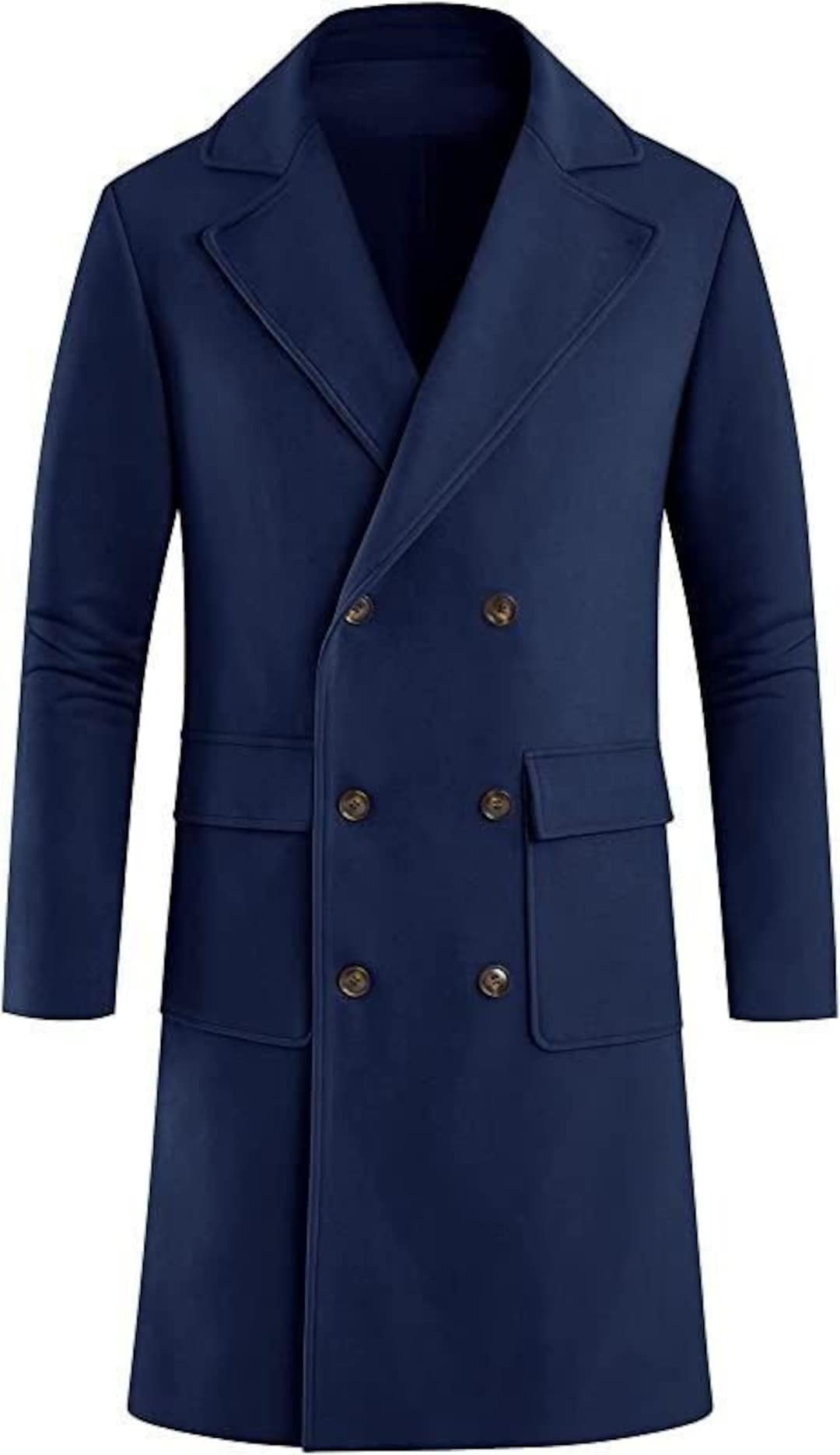 Men's Navy Blue Overcoat Wool Knee Length Long Coat Casual Long Coat ...