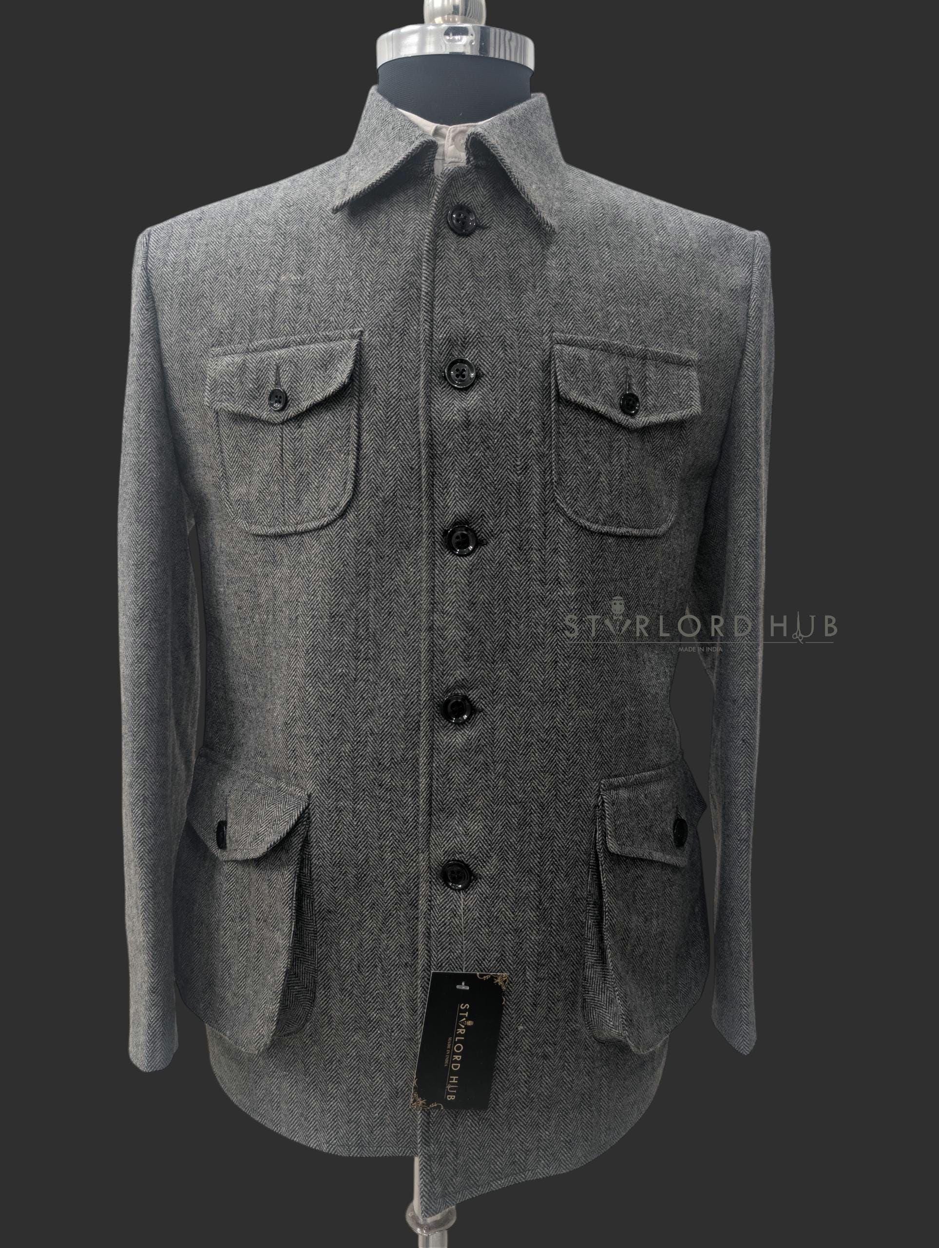 Men's Grey Herringbone Tweed Safari Jacket: Retro Tweed Winter Coat - Etsy