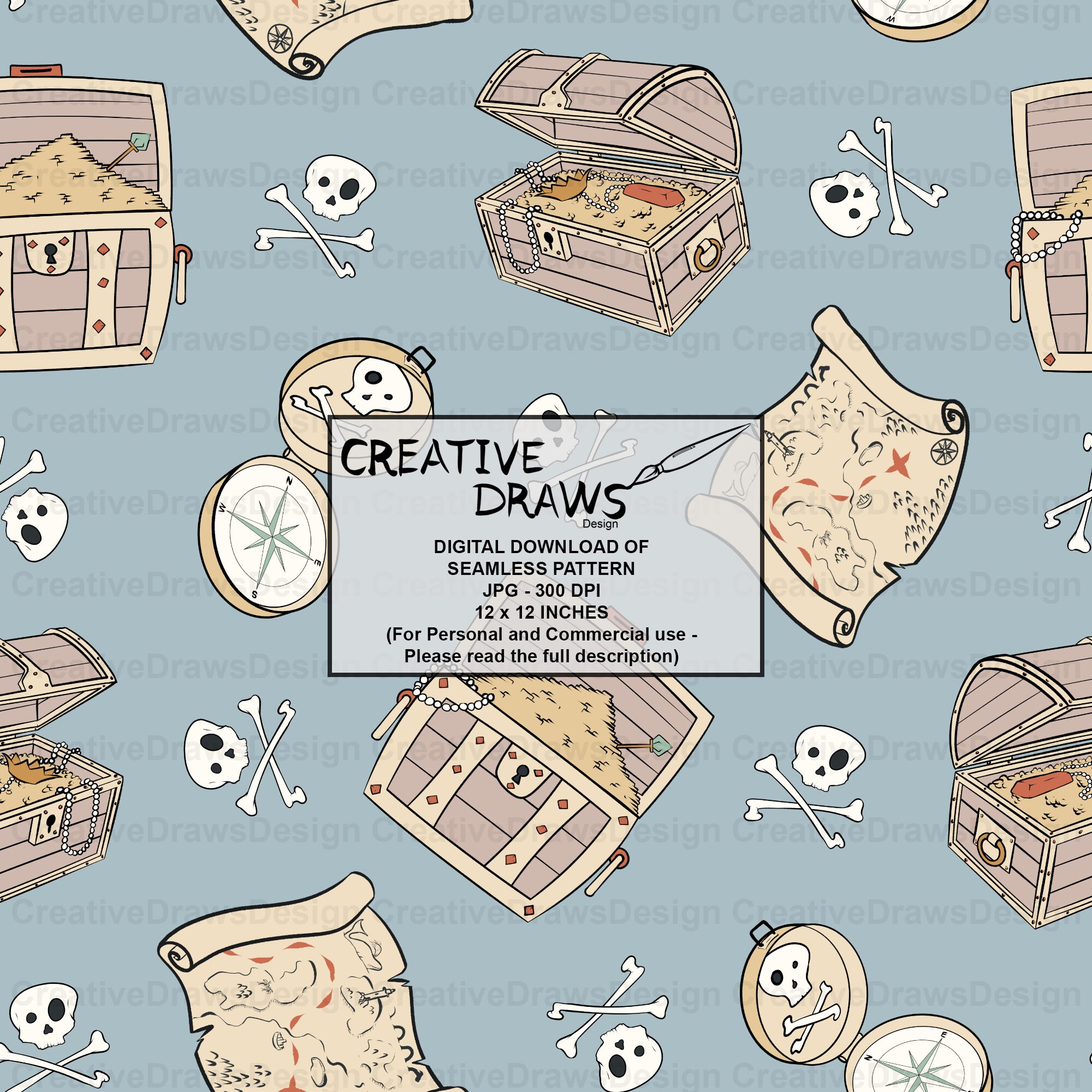 Pirate Treasure Seamless Pattern, Digital Repeat Pattern for Personal ...