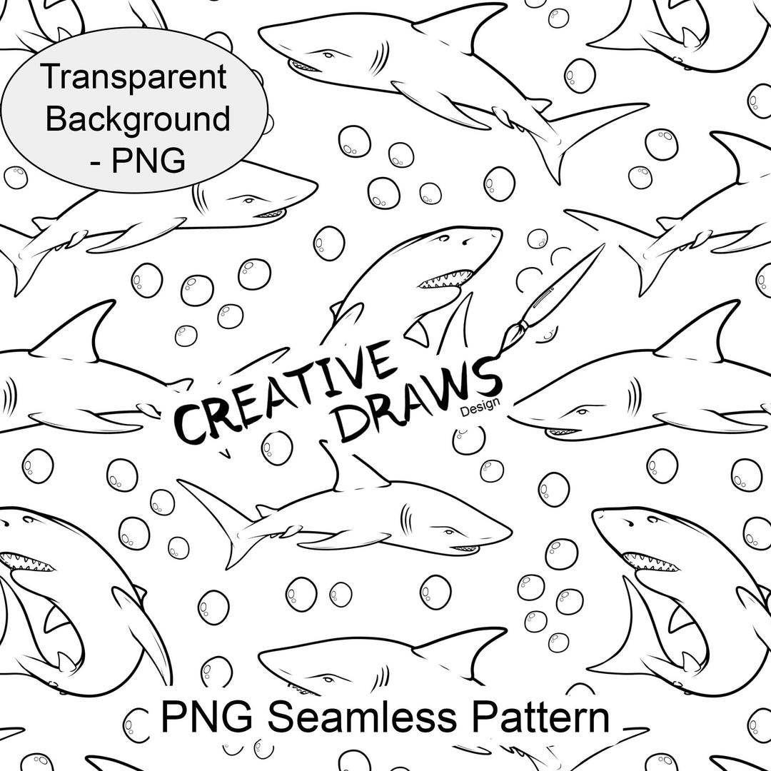 Shark Seamless Pattern Line Art With Transparent Background, Nautical ...