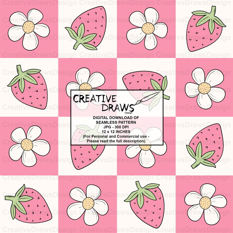 Pink Strawberry Checker Seamless Pattern, Repeat Digital Paper Pattern for Personal and ...