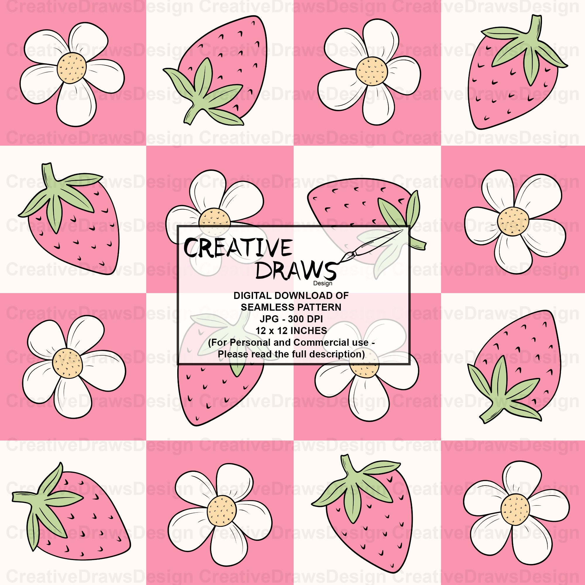 Pink Strawberry Checker Seamless Pattern, Repeat Digital Paper Pattern ...