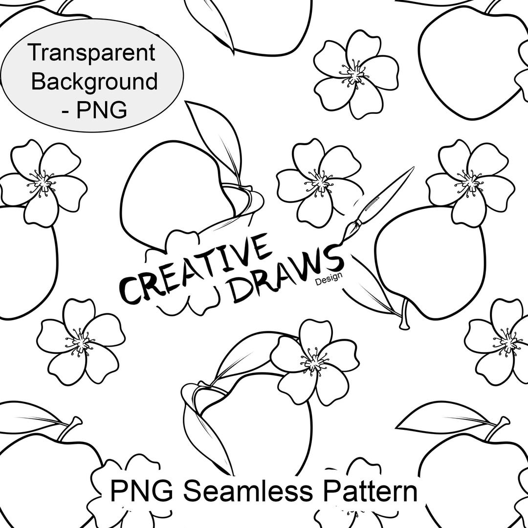 Peach Blossom Seamless Pattern Line Art With Transparent Background, Digital Download - Etsy