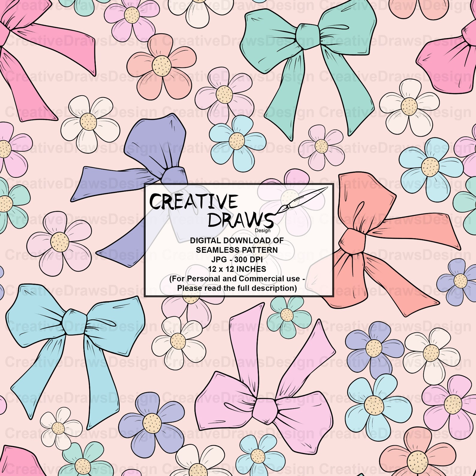 Floral Bow Seamless Pattern, Pastel Coquette Repeat Digital Paper ...