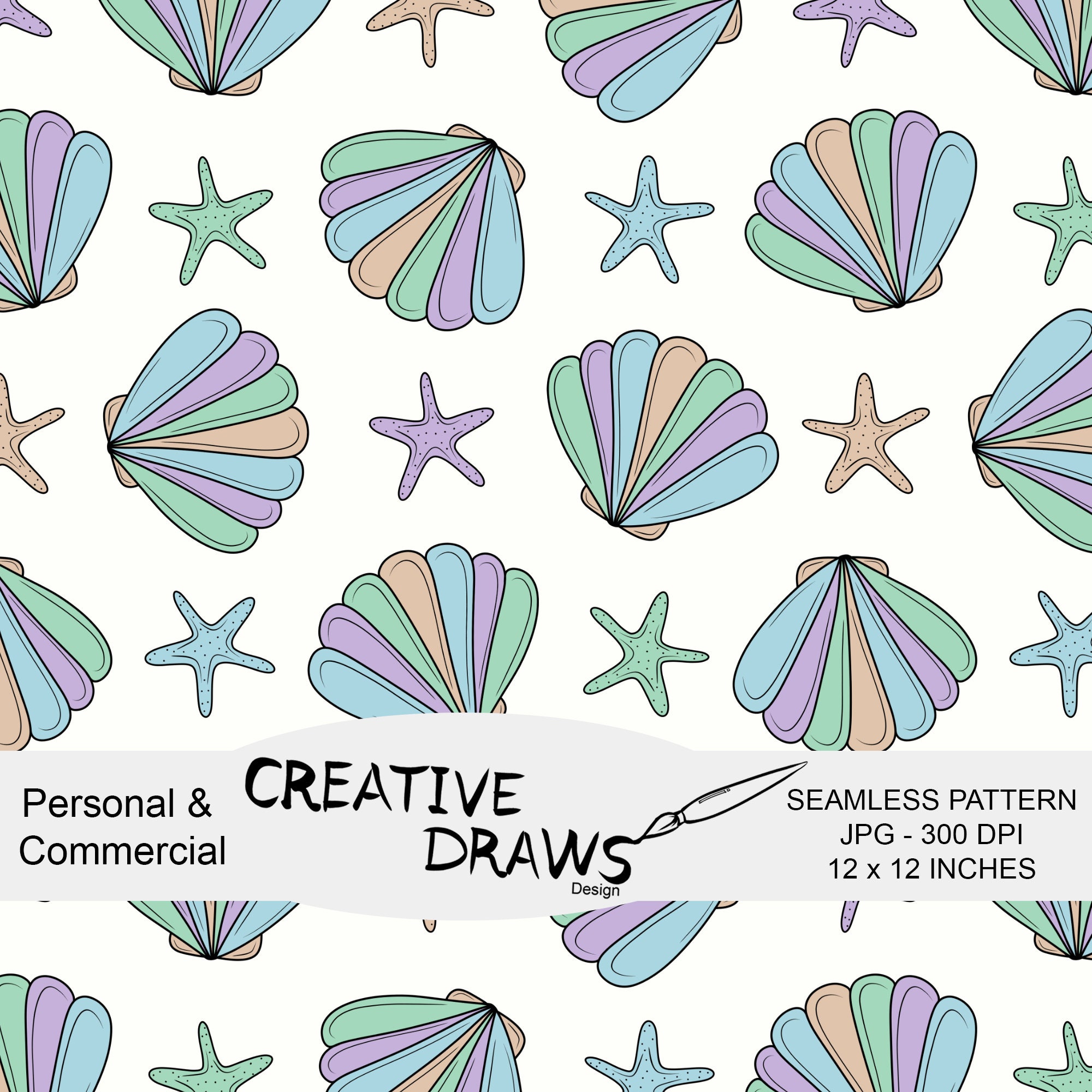Rainbow Seashell and Starfish Seamless Pattern, Digital Repeat Pattern ...