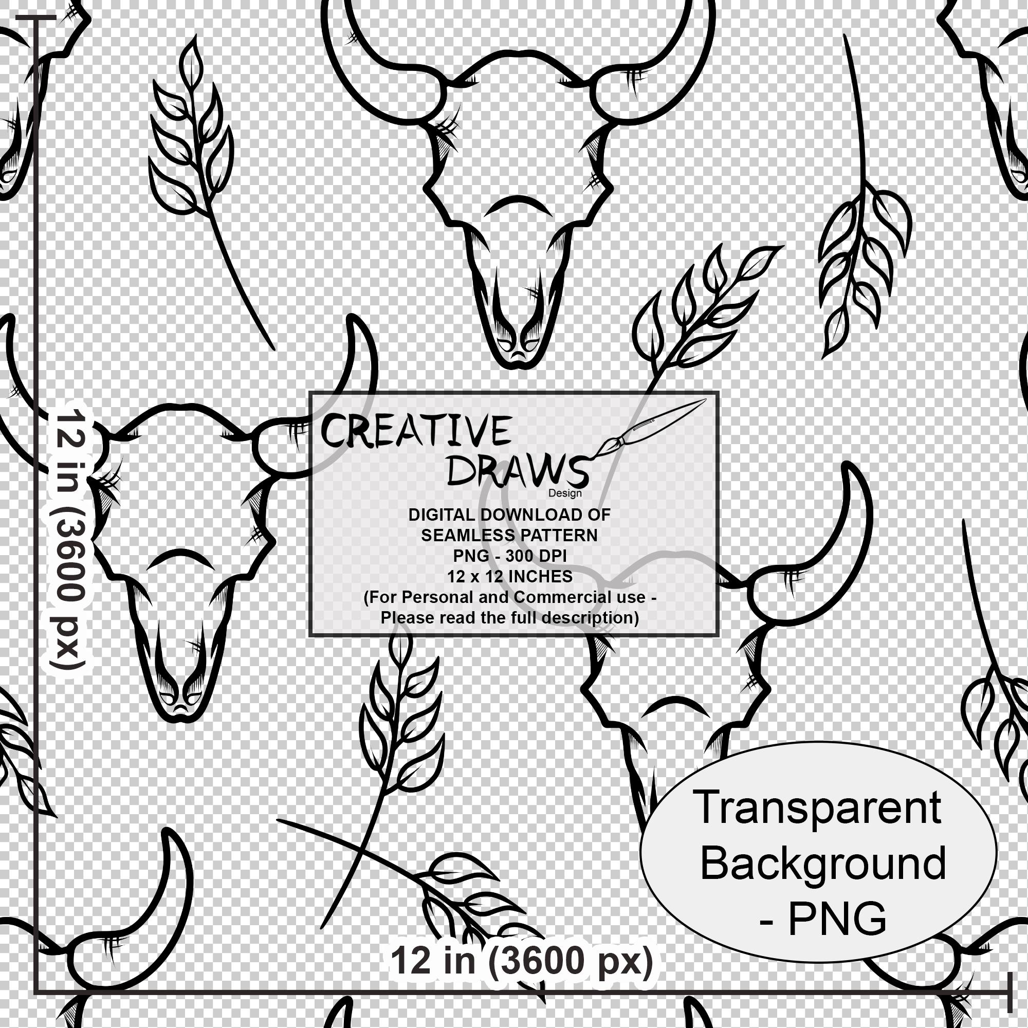 Bull Skull Seamless Pattern Line Art With Transparent Background ...
