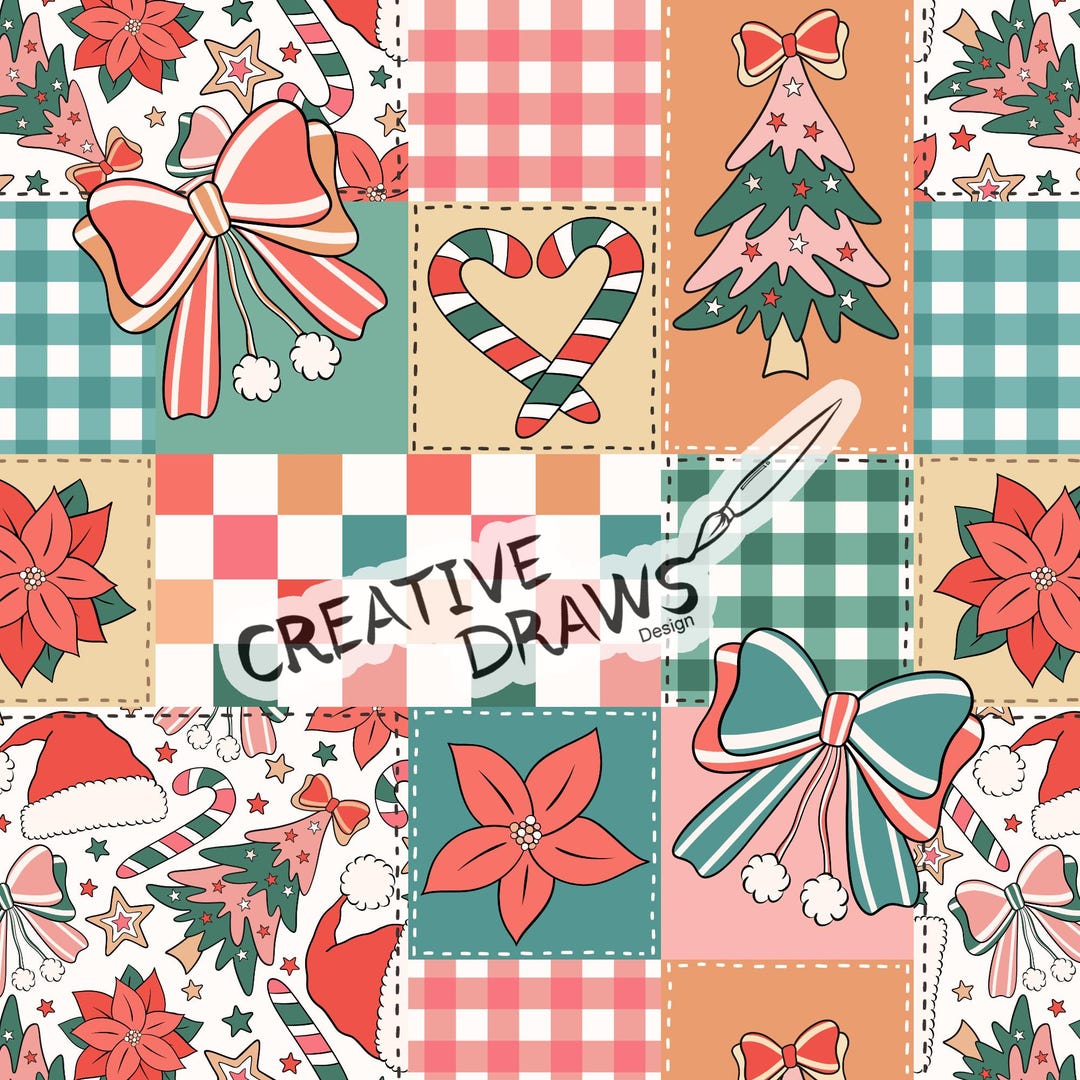 Christmas Bow Patchwork Seamless Pattern, Repeat Digital Paper Pattern ...