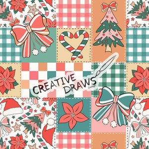 Christmas Bow Patchwork Seamless Pattern, Repeat Digital Paper Pattern ...