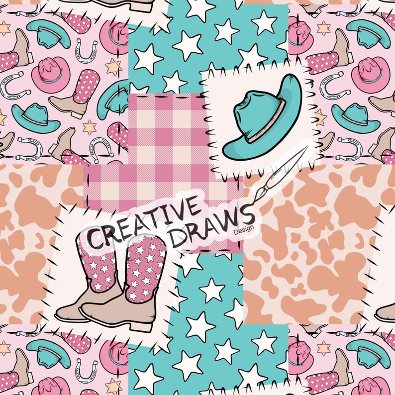 Pink Western Patchwork Seamless Pattern, Digital Repeat Pattern for ...