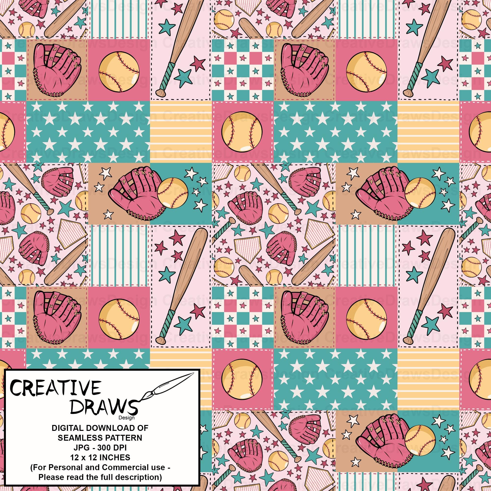Softball Patchwork Seamless Pattern, Digital Repeat Pattern for ...