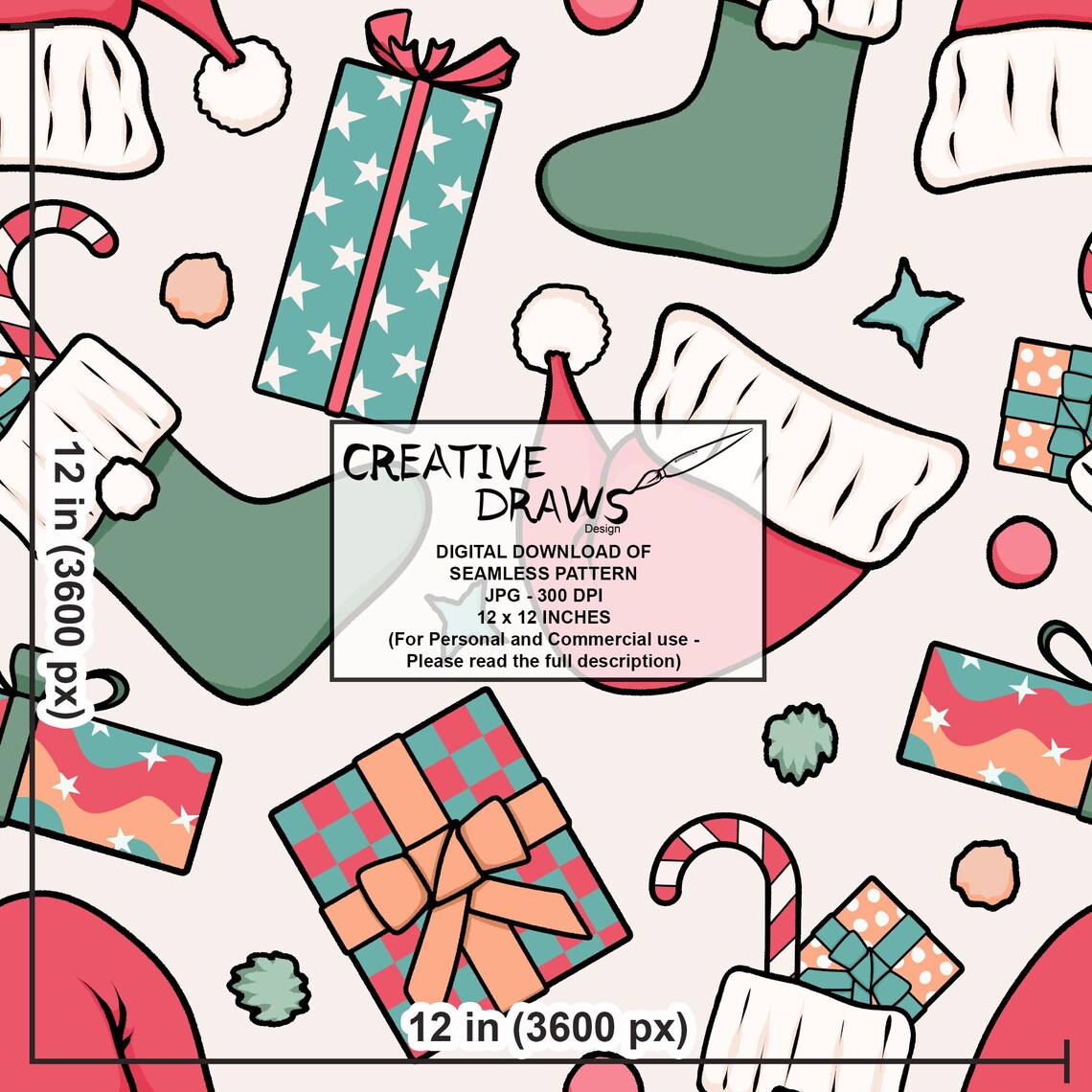Christmas Hat and Stocking Seamless Pattern, Repeat Digital Paper ...