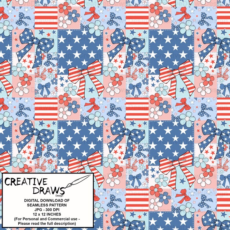 Fourth of July Patchwork Seamless Pattern, Floral Bow Seamless File ...