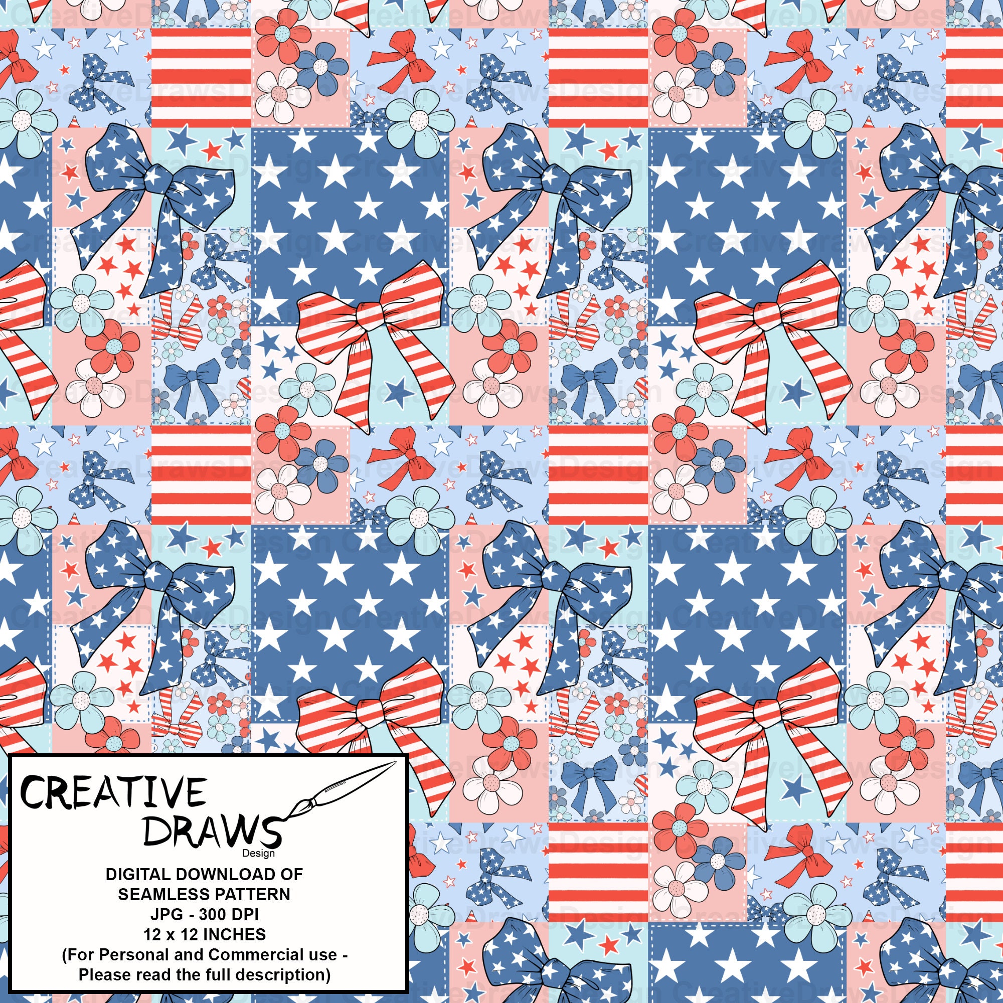 Fourth of July Patchwork Seamless Pattern, Floral Bow Repeat Digital ...