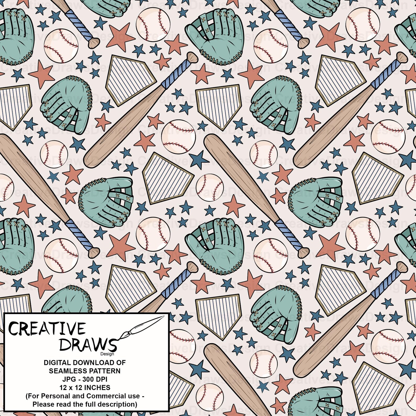 Baseball Seamless Pattern, Digital Repeat Pattern for Personal and ...