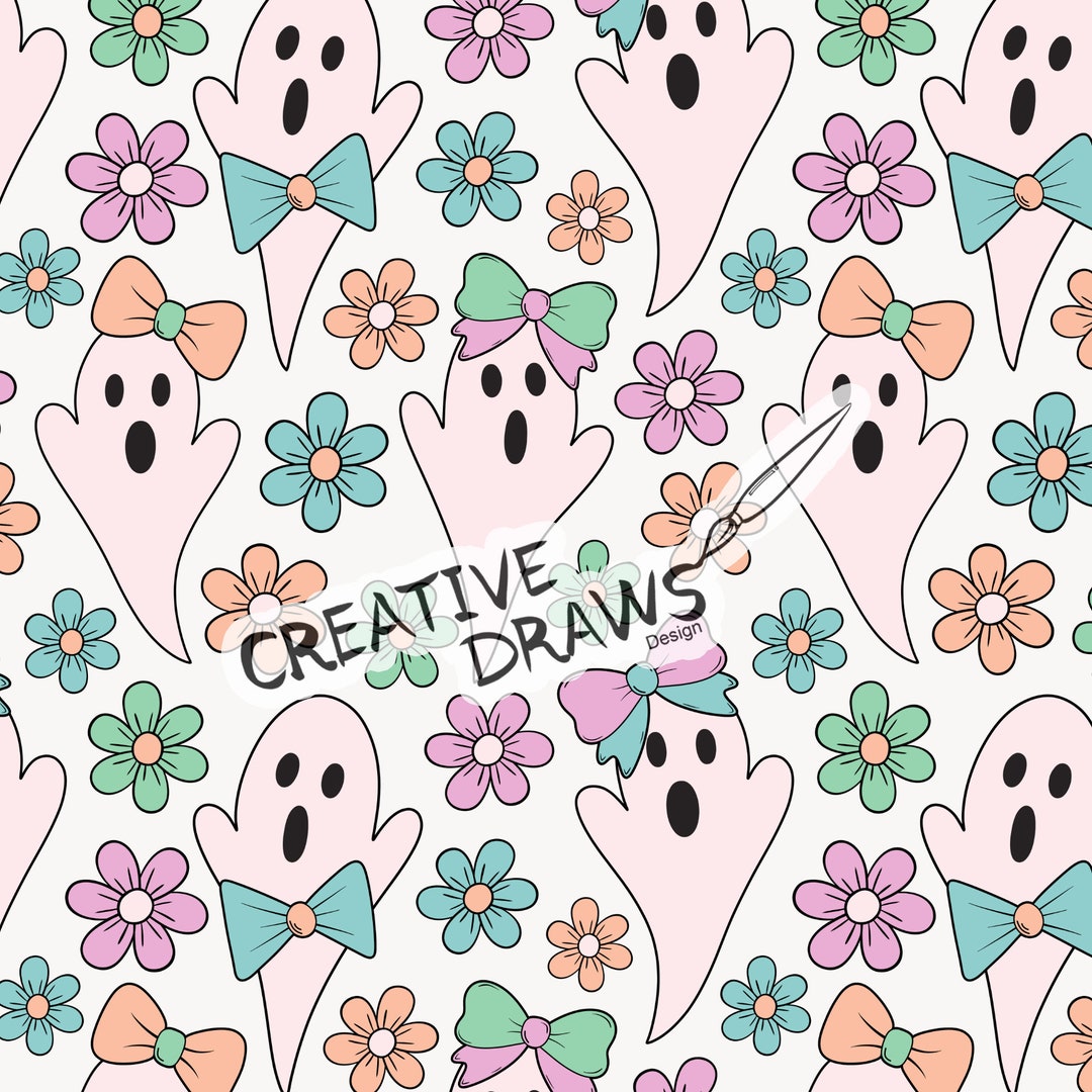 Floral Bow Ghosts Seamless Pattern, Halloween Digital Repeat Pattern ...