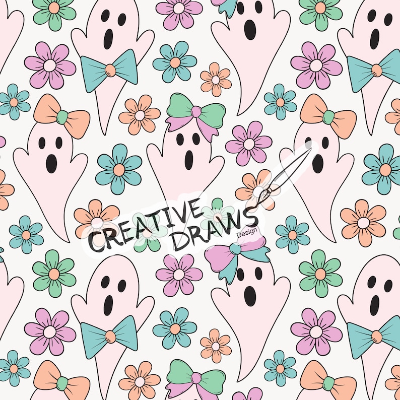 Floral Bow Ghosts Seamless Pattern, Halloween Digital Repeat Pattern ...