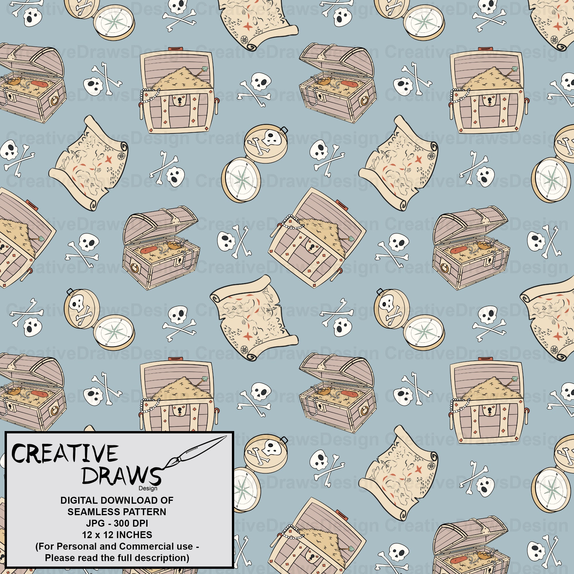 Pirate Treasure Seamless Pattern, Digital Repeat Pattern for Personal ...