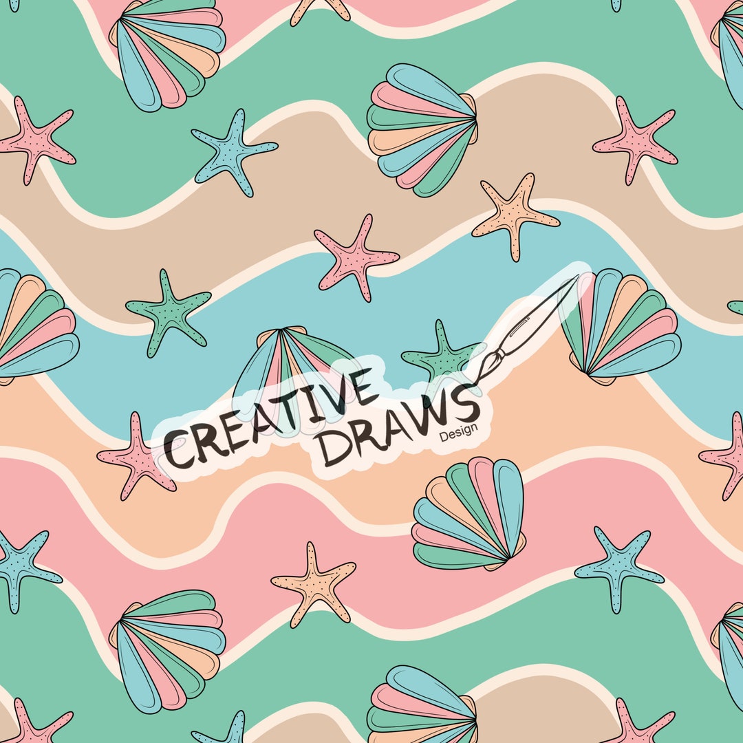 Retro Seashell Waves Seamless Pattern, Repeat Digital Paper Pattern for ...