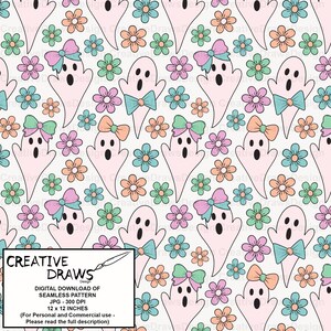 Floral Bow Ghosts Seamless Pattern, Halloween Digital Repeat Pattern ...