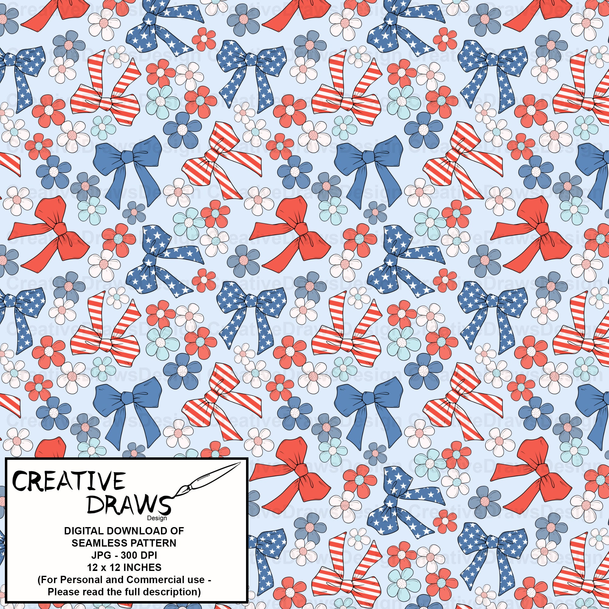 Fourth of July Bow Seamless Pattern, Floral Repeat Digital Paper ...