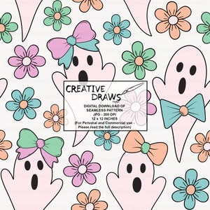 Floral Bow Ghosts Seamless Pattern, Halloween Digital Repeat Pattern ...