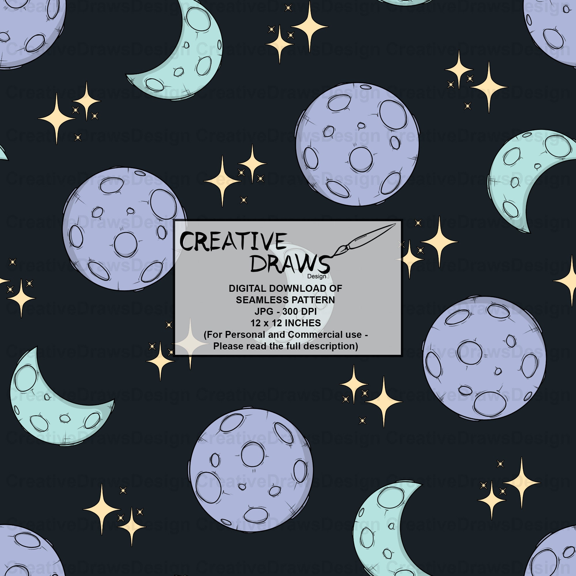 Moon and Star Night Sky Seamless Pattern, Digital Repeat Pattern for ...