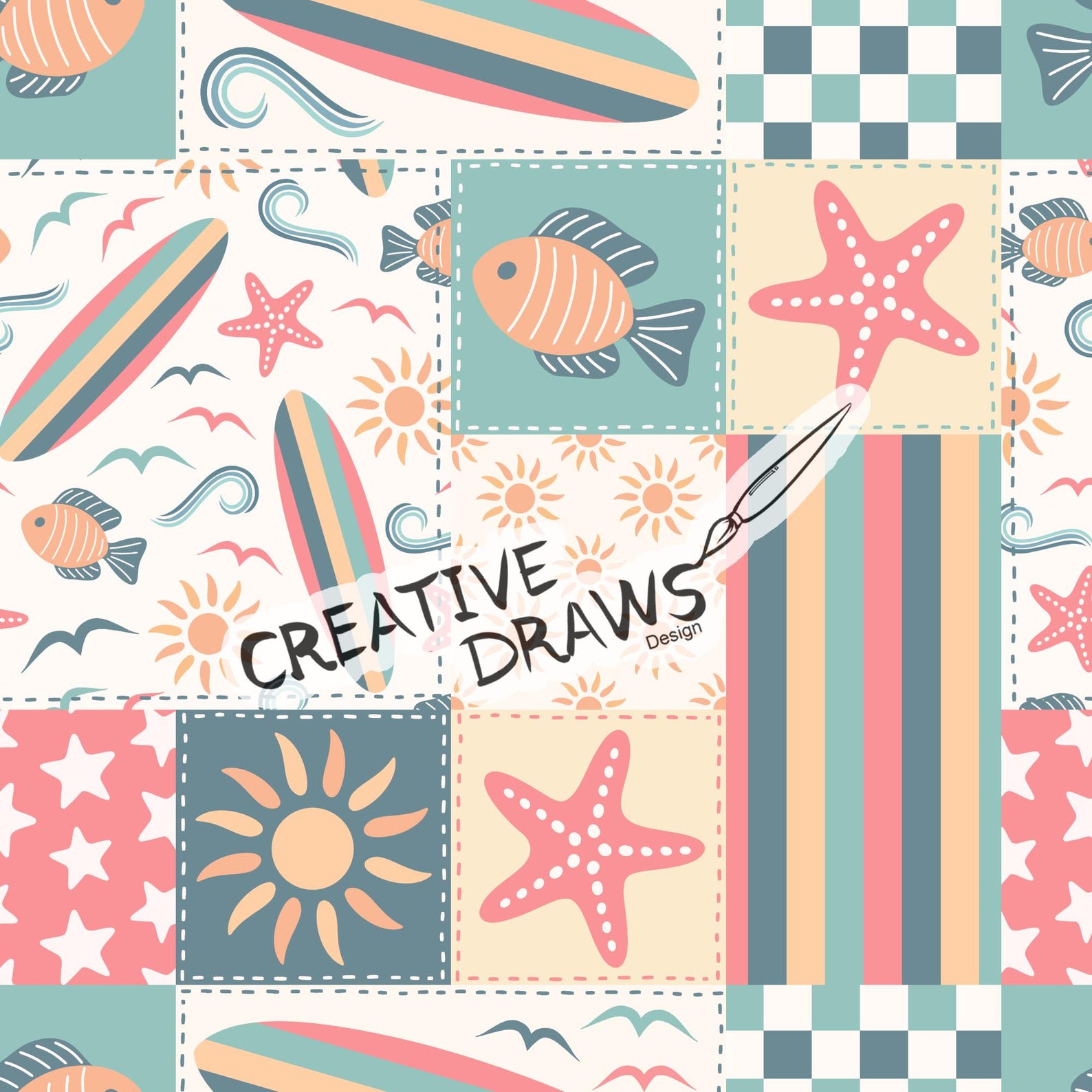 Summer Surf Patchwork Seamless Pattern, Seamless File Digital Download ...