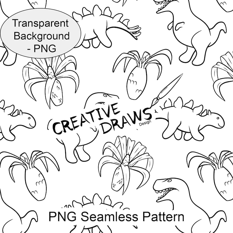 Dinosaur Seamless Pattern Line Art With Transparent Background, Digital ...
