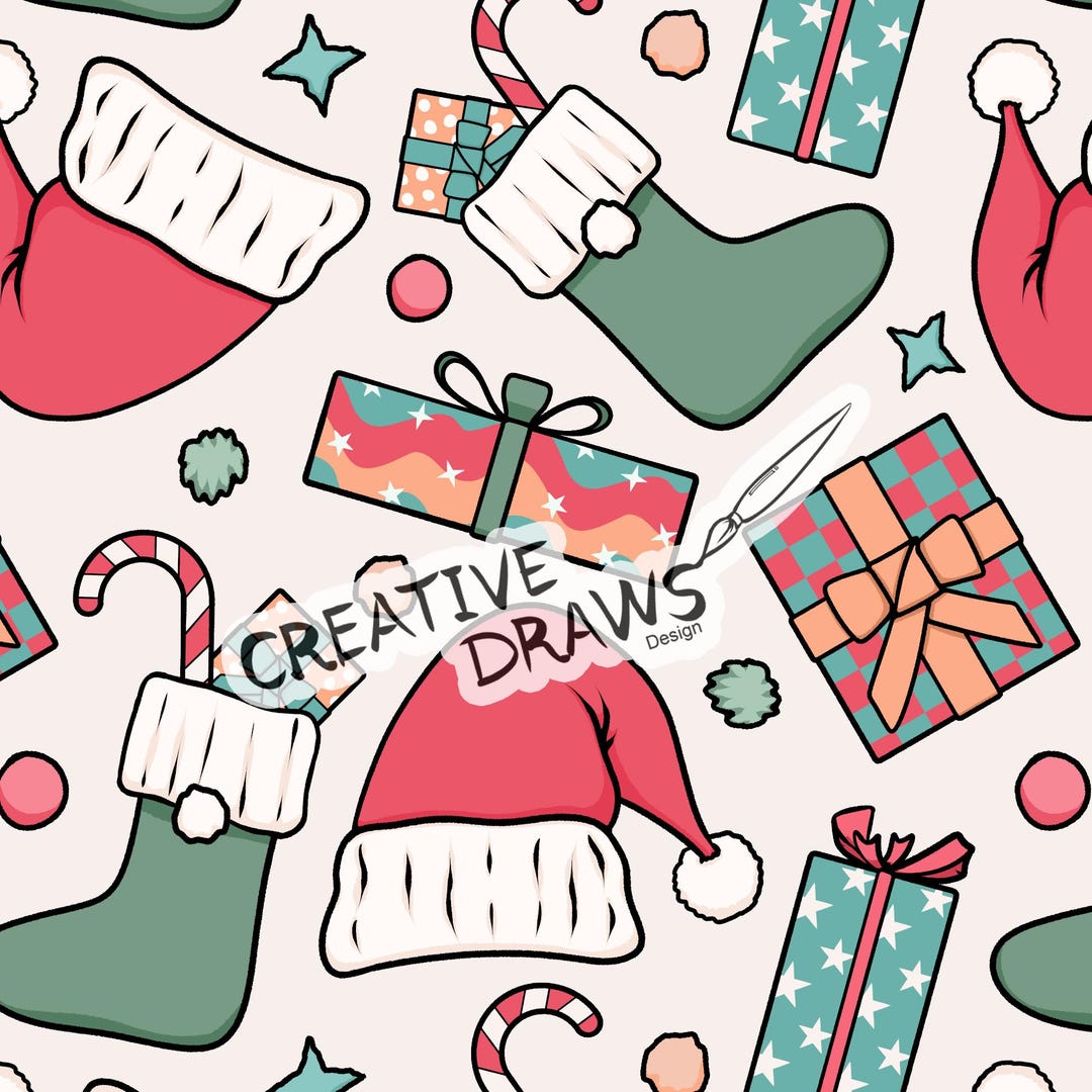 Christmas Hat and Stocking Seamless Pattern, Repeat Digital Paper ...