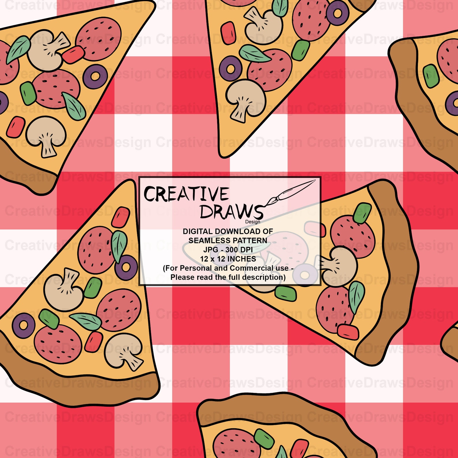 Pizza Slice Gingham Seamless Pattern, Digital Repeat Pattern for ...