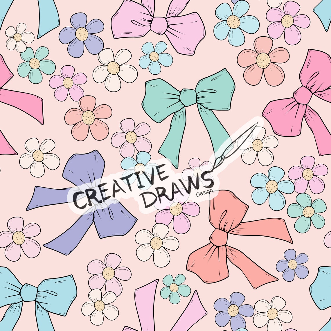 Floral Bow Seamless Pattern, Pastel Coquette Repeat Digital Paper ...